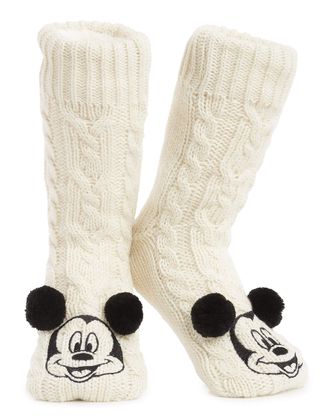 Disney Kuschelsocken Damen Teenager mit 3D-Ohren Gr&ouml;&szlig;e 35-41, Flauschig Rutschfest ABS Stoppersocken, Geschenke f&uuml;r Frauen (Beige Mickey)