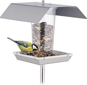 Relaxdays Vogelfutterhaus Edelstahl, Vogelfutterspender zum Aufhängen, mit Erdspieß, Futterstelle für Wildvögel, Silber, 16 x 17.5 x 17 cm