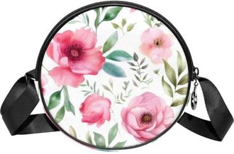 Generic Petit sac &agrave; bandouli&egrave;re circulaire pour femme, motif feuilles florales, sac &agrave; dos avec fermeture &eacute;clair, bretelles r&eacute;glables, sac &agrave; main rond d&eacute;contra
