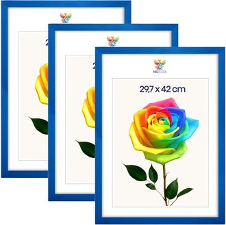 MG Design 3er Set Bilderrahmen A3 29,7 x 42 cm - Posterrahmen mit Blau Echtholzrahmen und bruchsicherem Acrylglas, Hoch & Quer mit stabiler Wandaufh&auml;ngung