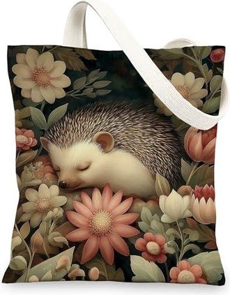 Generic Sac fourre-tout en toile &agrave; motif floral, sacs de courses vintage r&eacute;utilisables, pochette l&eacute;g&egrave;re en lin avec bandouli&egrave;re 33 x 38 cm