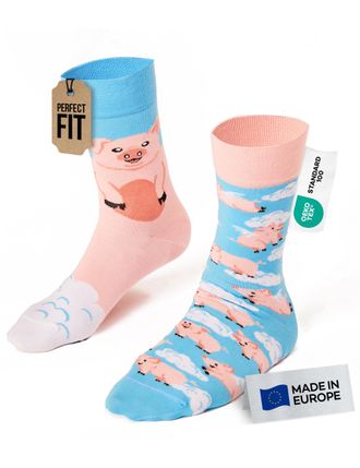 Many Mornings Lustige Ungleiche Socken Unisex Piggy Dream Motiv Bunte Socken mit Schweinchen Design Gr&ouml;&szlig;e 43-46 Bequeme Baumwollsocken Unisex