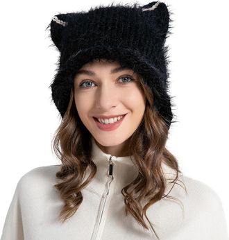 ZLYC Damen Katzenohr Slouchy Strickm&uuml;tze Grunge Niedlich Winterm&uuml;tze(Einfarbig Schwarz),Einheitsgr&ouml;&szlig;e