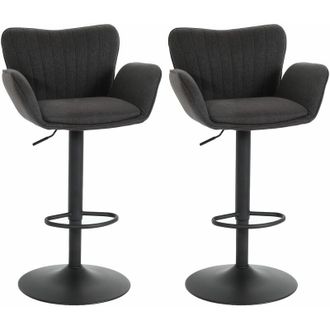 Hhg Neuwertig] 2er-Set Barhocker HHG 098, Barstuhl, mit Armlehne Fußablage drehbar Stoff/Textil Eisen mvg dunkelgrau Fuß schwarz