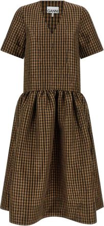 Ganni Femme, Robes, Brun, Taille: 36 FR Crinkled Taffeta Check Midi Dress