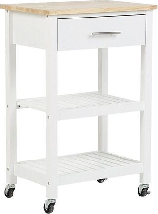 Beliani Desserte sur Roulette avec Large Tiroir Plateau Supp&eacute;rieur en Bois de Pin et Structure en MDF Blanc avec 2 Plateaux Inf&eacute;rieurs Beliani