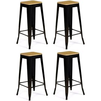 IDMarket Idmarket - Lot de 4 tabourets de bar leny m&eacute;tal noir mat assise bois empilable aspect brut factory