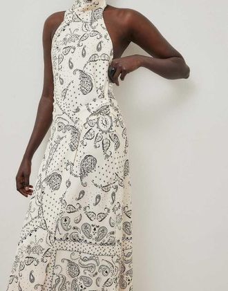 NA-KD Neckholder-Maxikleid mit All-over-Print und Wickeldetail-Mehrfarbig