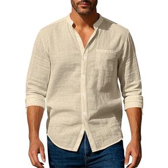Generic Chemise d&eacute;contract&eacute;e &agrave; manches longues en lin pour homme - Col montant - Chemise de plage l&eacute;g&egrave;re avec poche pour v&ecirc;tements de vill&eacute;giature, kaki, XXL