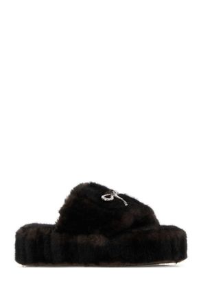 Balenciaga Womens Dark Brown Eco Fur Slippers Brown-Silver-Crystal Brown/silver/crystal Flat Shoes
