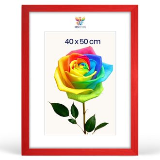 MG Design Bilderrahmen 40 x 50 cm - Posterrahmen mit Rot Holzrahmen (Echtholz) und bruchsicherem Acrylglas, Hoch & Quer mit stabiler Wandaufh&auml;ngung