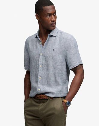 Superdry Riviera - Chemise manches courtes en lin &agrave; rayures fa&ccedil;on coutil - Bleu marine-Gris