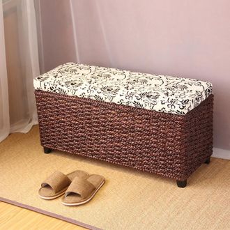 Generic Rustikale Stroh-Aufbewahrungsbank - Schuhbank Aus Massivholz Mit Gepolsterter Sitzfl&auml;che, Handgewebter Katzenschwanz-Ottomane for Schlafzimmer, Eingan