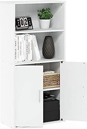 Furinno Pasir Bücherregal mit 2 Offenen Einlegeböden und 2 Türen, Weiß