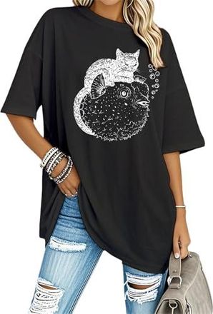 Generic T-shirts amusants pour femmes | Col rond imprim&eacute; chat, t-shirt d&eacute;t&eacute; &agrave; manches courtes, haut basique tendance, pour v&ecirc;tements de rue, Noir, XXL