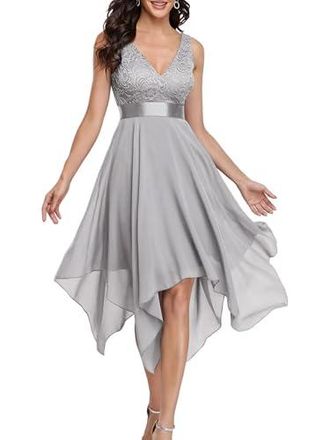 Ever-pretty Robe de Soir&eacute;e Asym&eacute;trique au Genou Femme Double Col-V sans Manche en Dentelle Mousseline de Soie Gris 48