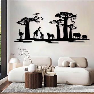 Generic Moderne minimalistische Wanddekoration aus Metall, Motiv: Afrikanische Safari, Wildtiere, Elefant und Giraffe (Schwarz, 60 x 25 cm)