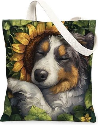 Generic Sac fourre-tout en toile motif chien berger australien printanier 33 x 38,1 cm, sac d&eacute;picerie r&eacute;utilisable pour femme, motif de fleur amusant, animal 