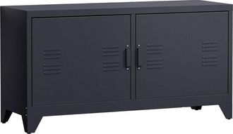 HOMCOM Meuble TV banc TV design industriel - 2 placards, 2 étagères, 4 passe-fils - tôle métal noir