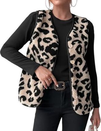 ORANDESIGNE Gilet Léopard en Molleton Polaire Doux sans Manche Coupe Classique Femme Grandes Filles Blouson Mode Bouton Sans Manches Veste A Noir XL