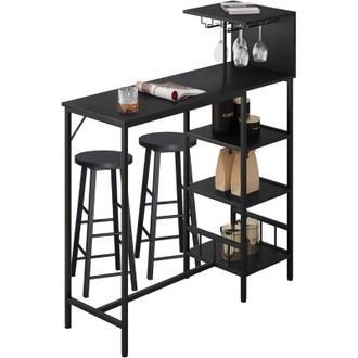 Woltu Bartisch mit Barhocker Set, 2 Personen Bartisch Set mit Halterungen f&uuml;r Weingl&auml;ser und Flaschen, K&uuml;chentheke f&uuml;r Wohnzimmer, Esszimmer, K&uuml;che