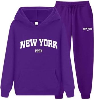 Generic Ensemble sweat-shirt &agrave; capuche et pantalon pour couple avec lettres York dautomne, v&ecirc;tements de sport unisexes pour hommes et femmes (Dark Purple, XXL
