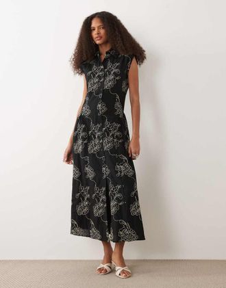Mango &Auml;rmelloses Midi-Hemdkleid in Schwarz mit Stickerei