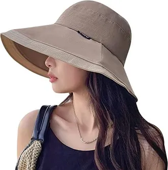 Feoya Chapeau de Soleil Plat pour Femme Coton Anti-UV Randonnée Été Plage Large Bord Loisir Pliable Contre-Vent Noeud Papillon Kaki Taille 58
