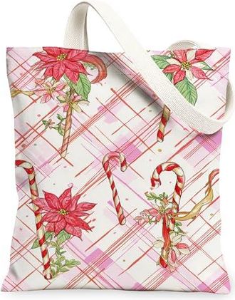 Generic Sacs fourre-tout en toile &agrave; motif floral vintage avec motif floral et canne &agrave; sucre dorge, sacs d&eacute;picerie r&eacute;utilisables, l&eacute;gers et lavables en toile p