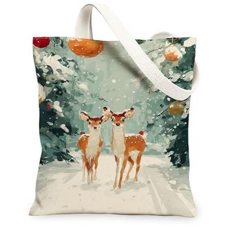 Generic Sacs fourre-tout en toile motif cerf dhiver, sacs dépicerie réutilisables, vintage, rustiques, légers, lavables, multicolore, 13x15 Inch