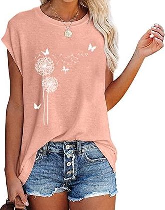 Generic Chemise de printemps d&eacute;contract&eacute;e sans manches pour femme 2025 avec col en V motif pissenlit d&eacute;t&eacute; pour sortir, d&eacute;bardeur tendance, manches courtes, gr