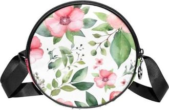 Generic Petit sac &agrave; bandouli&egrave;re circulaire pour femme, motif feuilles florales, sac &agrave; dos avec fermeture &eacute;clair, bretelles r&eacute;glables, sac &agrave; main rond d&eacute;contra