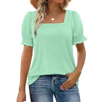 Generic T-shirt d&eacute;contract&eacute; &agrave; col carr&eacute; et manches smock&eacute;es pour femme, haut habill&eacute; et d&eacute;contract&eacute; &agrave; manches volant&eacute;es, Vert, XXL