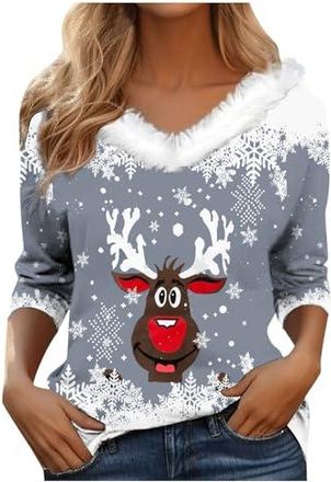 Generic Pull Moche de Noel Femme Col V Fourrure Pulls De Noels Manches Longues Drole Original Mode T Shirt Christmas Lumineux Chic et El&eacute;gant Tenue Sweatshirt