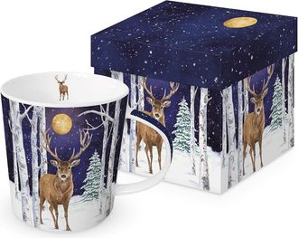 ppd Tasse Weihnachten Hirsch im Mondschein aus Porzellan. Motivtasse für den gedeckten Tisch und als Geschenk 0,4L x H10,5cm