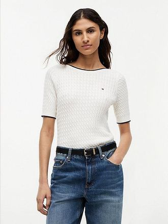 Tommy Hilfiger Pull manches courtes en maille torsad&eacute;e col bateau