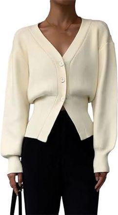 Generic Cardigan &agrave; col en V pour femme Style cor&eacute;en d&eacute;contract&eacute; &eacute;l&eacute;gant &agrave; manches longues Tricot, blanc, Taille Unique