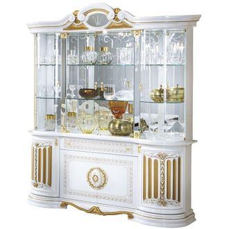 Les Tendances Vitrine 8 portes 1 tiroir bois vernis laqu&eacute; brillant blanc et dor&eacute; Lesly 173cm
