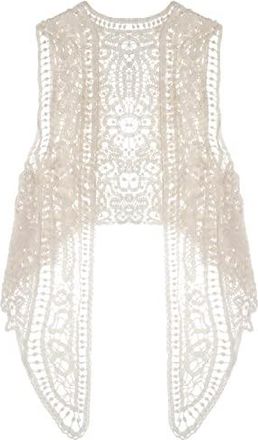 Satinior Gilet Hippie au Crochet Cardigan Creux en Dentelle Gilet Hippie Irrégulier Cardigan Boho sans Manches (Beige)