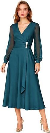 Generic Robe de mère de la mariée à manches longues en mousseline de soie plissée avec col en V pour invitée de mariage, bleu sarcelle, 34