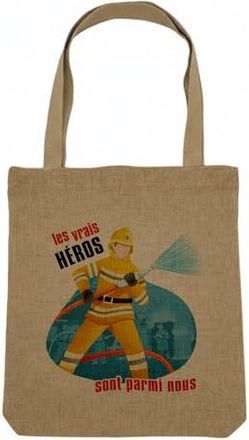 Fabulous Sac Shopping Tote Bag Aspect Lin - Les Vrais H&eacute;ros - Pompier M&eacute;tier Sac de Courses Toile Epaisse 360g Beige Naturel Cabas Port&eacute; Epaule Solide Imprim&eacute; 