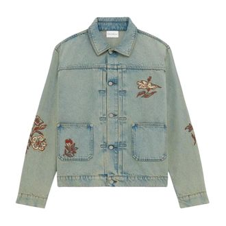 Dr&ocirc;le de Monsieur Homme, Vestes, Bleu, Taille: XL Brod&eacute;e Fleurs Dusty Denim Jacket