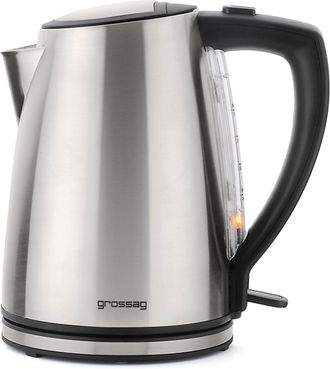 Grossag Grossag Wasserkocher WK 45 aus Edelstahl, mit bis zu 1,2 Liter Fassungsvermögen, Praktische Einhand-Deckelöffnung, Sichtbare Wasserstandsanzeiger im G