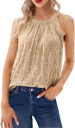 Generic Top &agrave; paillettes pour femmes &agrave; col am&eacute;ricain scintillant, gilet d&eacute;contract&eacute; sans dossier basique polyvalent haut paillet&eacute; &agrave; la mode d&eacute;bardeur &agrave; paille