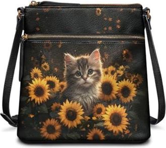 Coloranimal Sac &agrave; bandouli&egrave;re pour femme en cuir synth&eacute;tique l&eacute;ger avec sangle r&eacute;glable, Chat tournesol