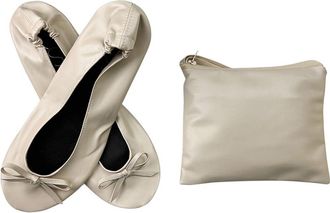 Minetom Damen M&auml;dchen Faltbare Ballerina Bequem Flache Ballerinas Casual Komfort Weich PU Leder Party Hochzeit Schuhe mit Tragetasche A Beige 42/43 EU