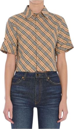 Burberry Femme, Blouses et Chemises, Beige, Taille: 34 FR Chemise Courte Beige &agrave; Carreaux Tartan