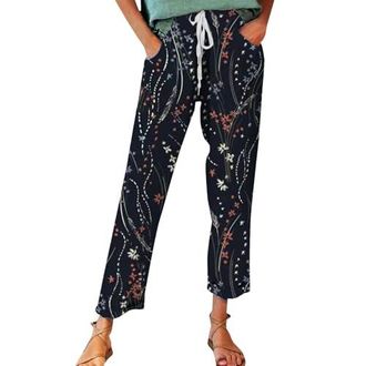 Generic Pantalon Leger Ete Femme Fluide Large en Lin &Eacute;t&eacute; Pantalon Court en Lin pour Femme Grande Taille Taille Haute Jambe Large Longueur Cheville Ray&eacute; pour L