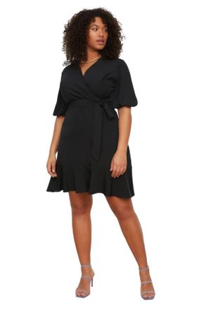 Trendyol Damen Mini Wrapover Regular Plus Size Kleid, Schwarz, 44 Gro&szlig;e Gr&ouml;&szlig;en EU