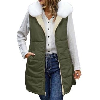 Generic Gilet long &agrave; capuche pour femme - Automne - Hiver - Gilet matelass&eacute; sans manches - Doudoune doubl&eacute;e - Gilet polaire chaud - Gilet long &agrave; capuche - Gil